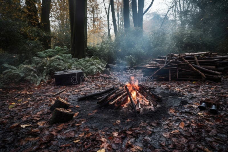 Campfire Site with Extinguished Logs and Ashes Stock Photo - Image of ...