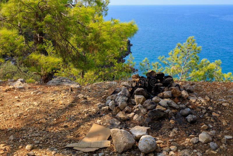 Campfire Site on the Mountain Coast. Wild Stones Stacked in a Circle ...