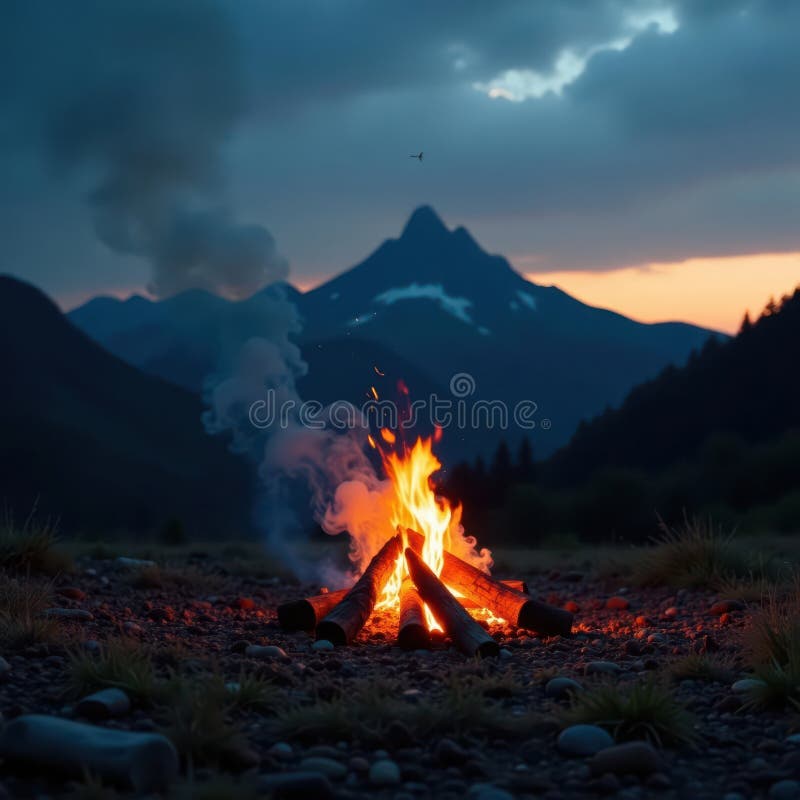 Campfire Smoke Rises, Mountain Silhouette at Dusk, Silhouette, Warmth ...