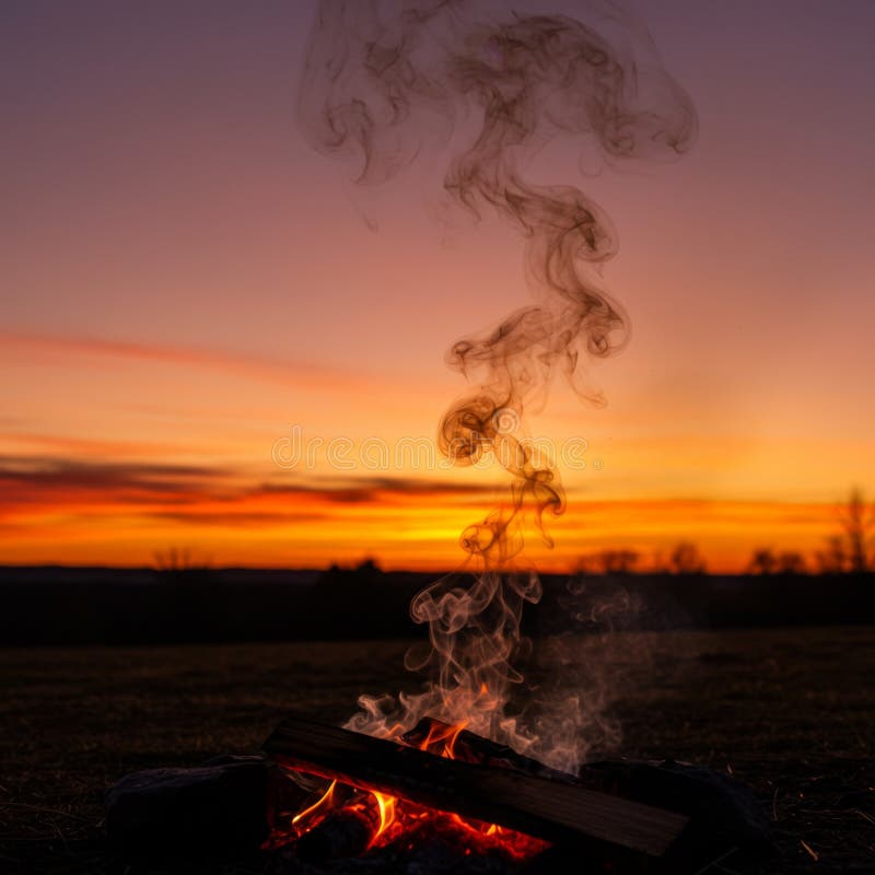 Campfire Smoke at Sunset Over Field Stock Illustration - Illustration ...