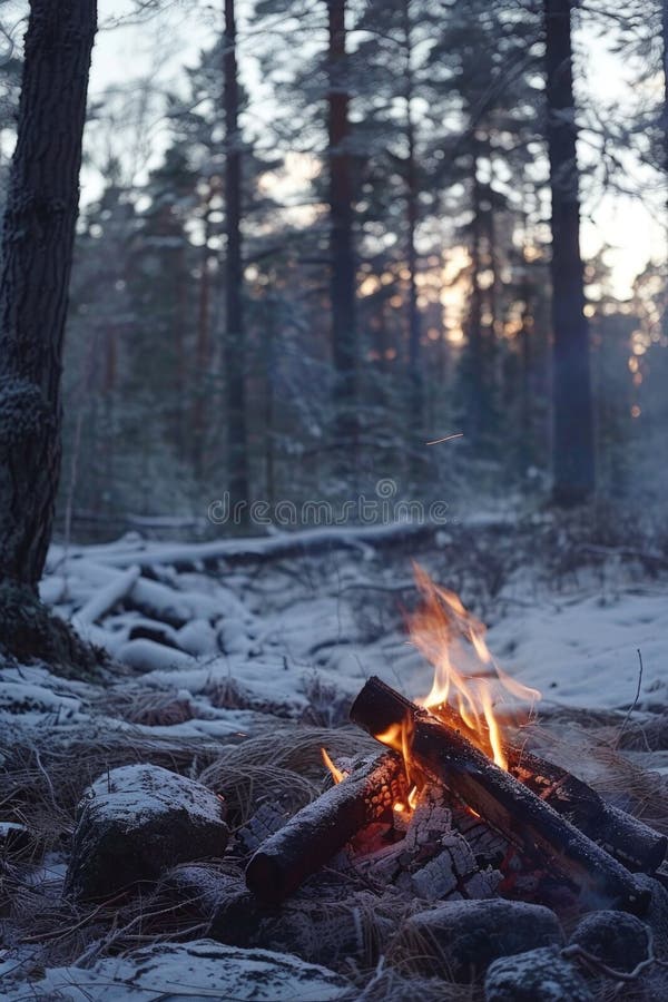 Campfire in snowy forest stock image. Image of cozy - 372003121