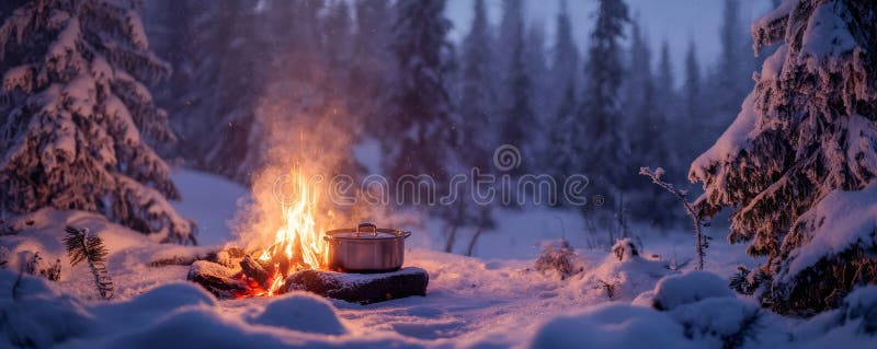 Campfire in Snowy Forest at Dusk, Peaceful Winter Camping Concept Stock ...