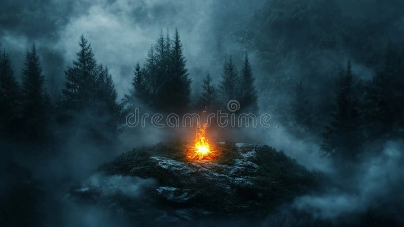 Campfire in Snowy Mountain Forest at Night Stock Illustration ...