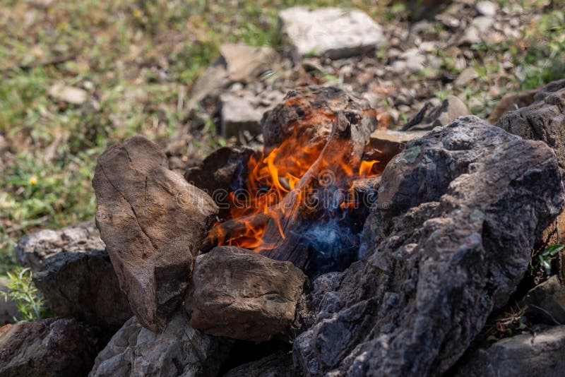 Campfire between Stones. Making a Fire in Nature Stock Image - Image of ...