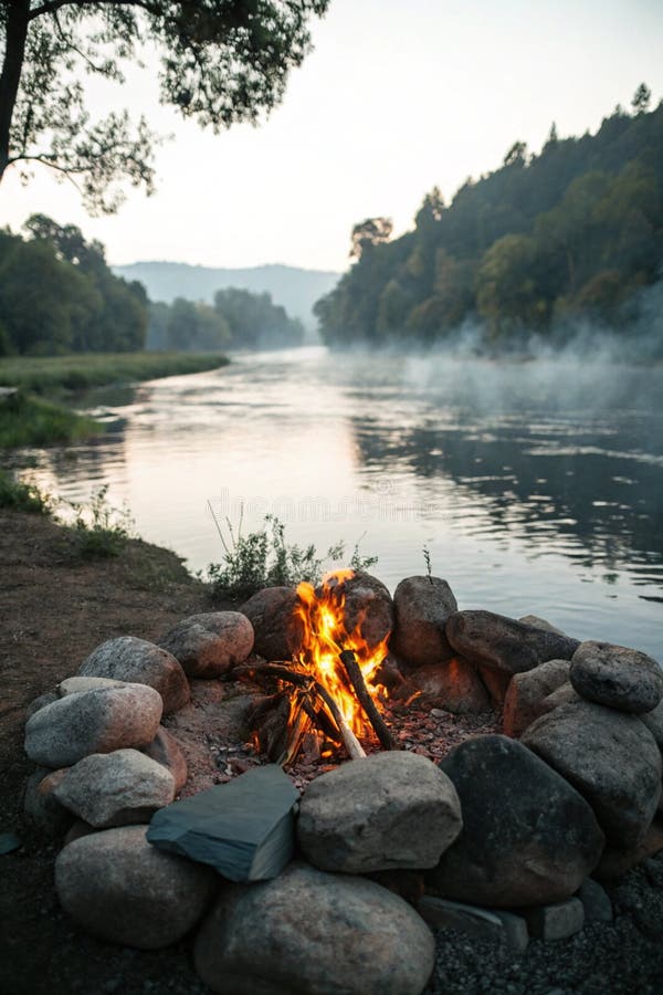 Campfire between Stones in Front of a River Stock Illustration ...