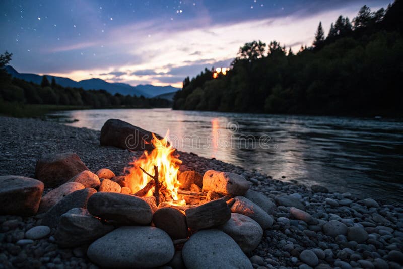 Campfire between Stones in Front of a River Stock Illustration ...
