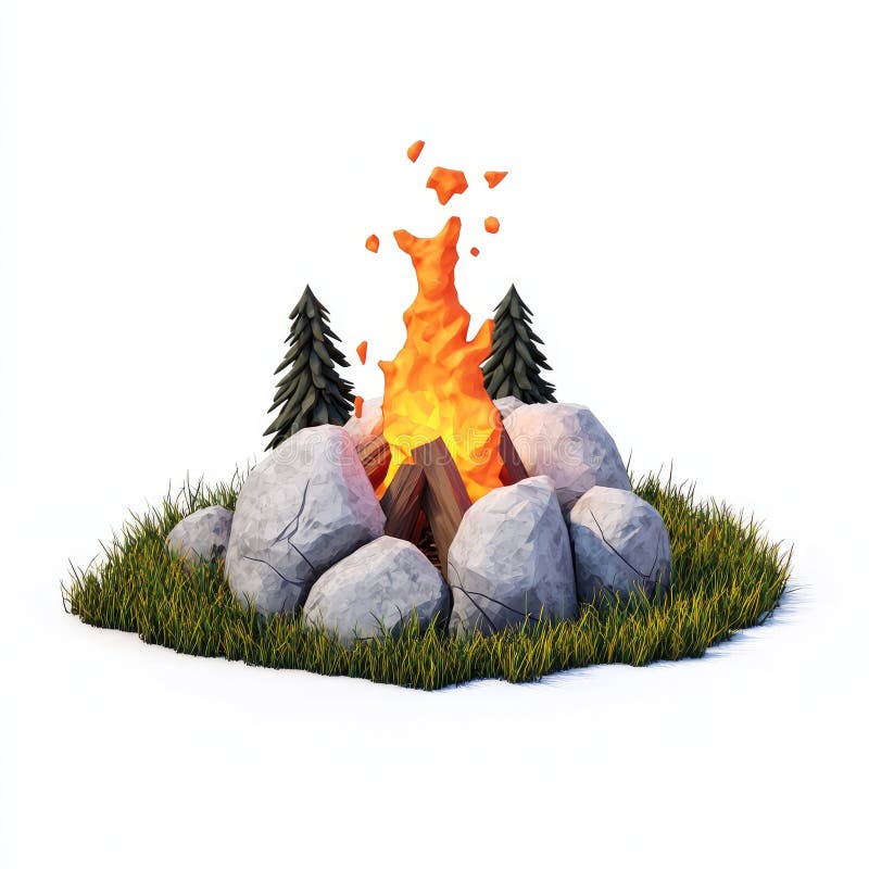 Campfire with Stones and Pine Trees, White Isolate Background Stock Illustration - Illustration ...