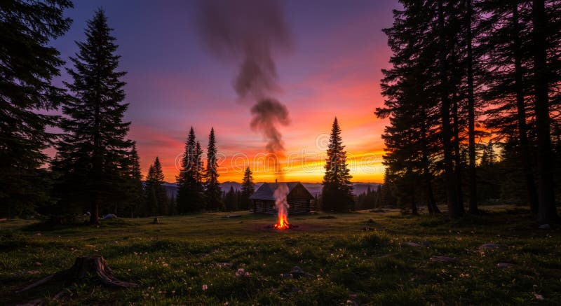 Campfire at Sunrise in Mountain Forest Stock Illustration ...