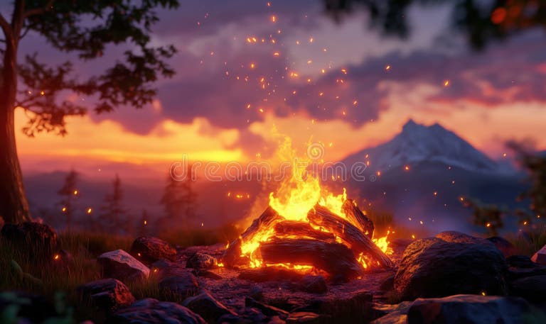 Campfire at Sunset with Glowing Embers and Mountain Backdrop Stock ...