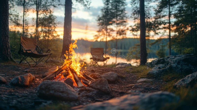 Campfire Sunset Lakeside Forest Scene with Chairs Stock Illustration ...