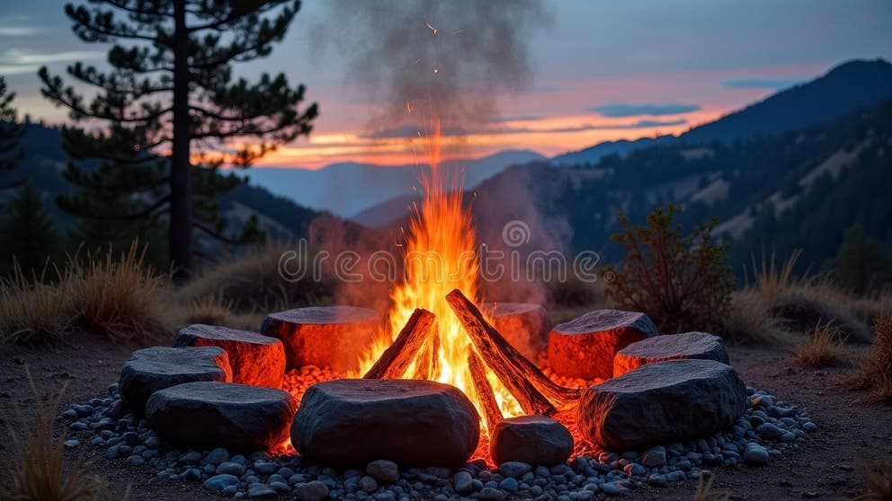 Campfire at Sunset in Mountainous Landscape with Smoke Rising from the ...
