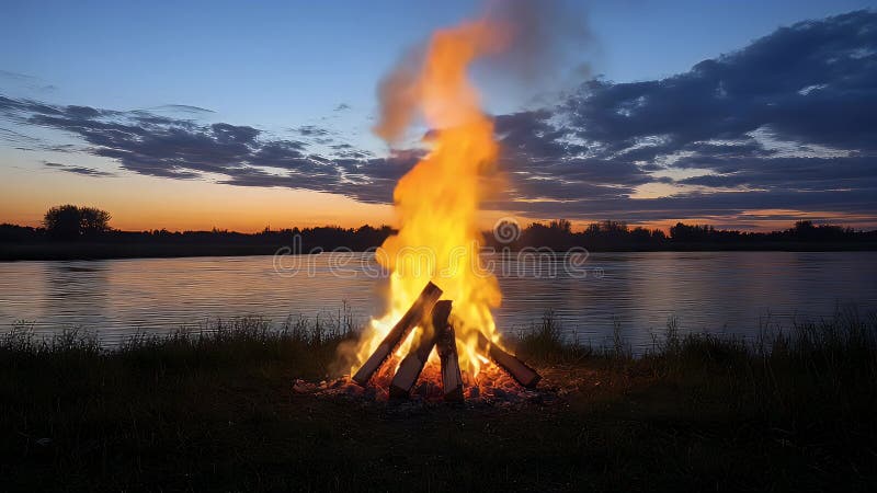 Campfire at Sunset by the River: a Relaxing Summer Evening Stock ...