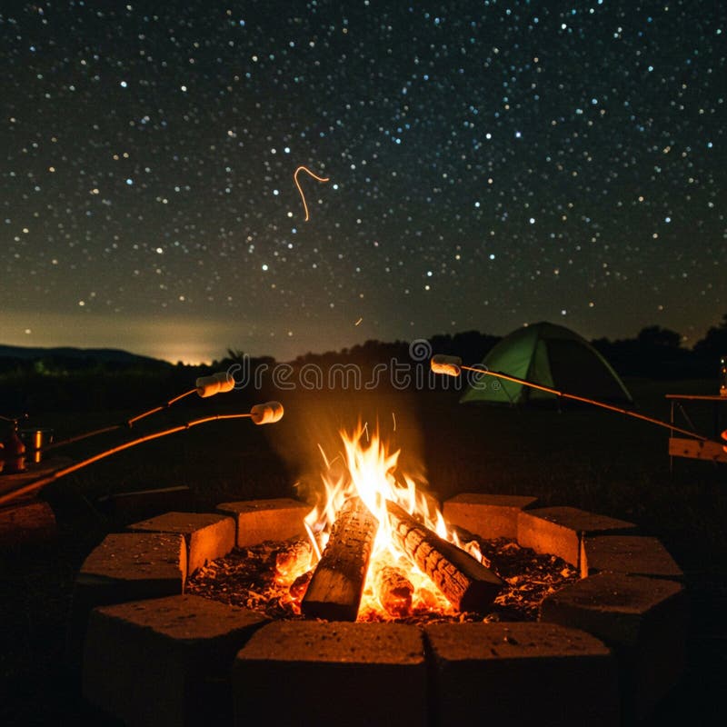 Campfire Surrounded by a Circle of Bricks, with Logs Burning Brightly ...