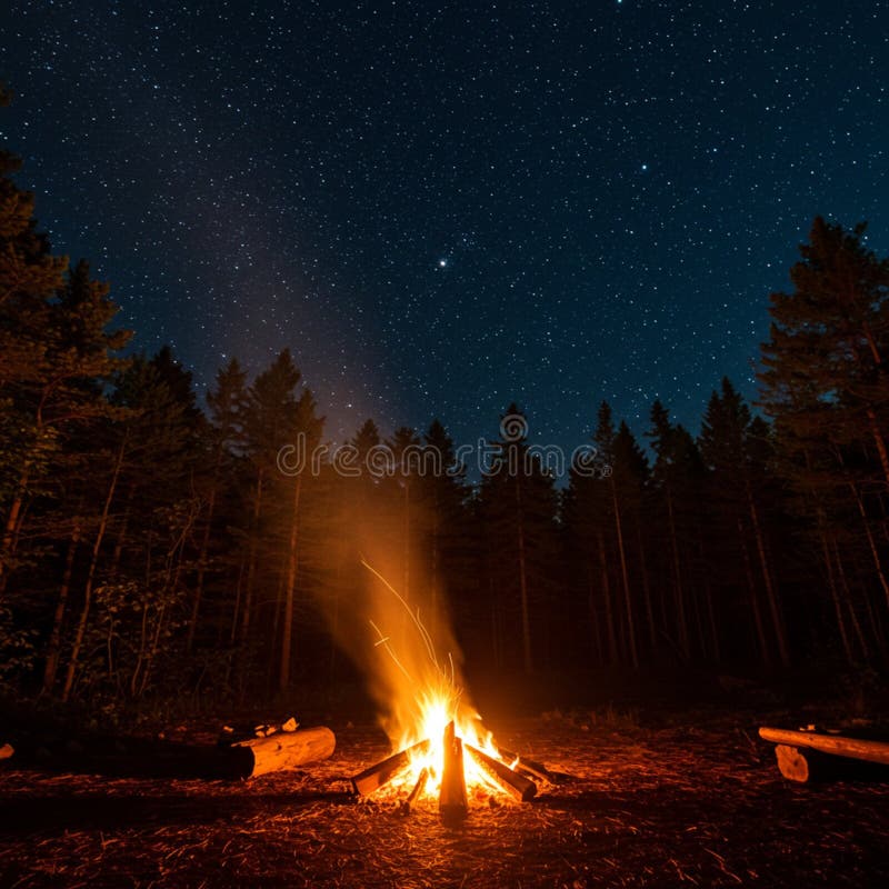 Campfire Surrounded by Logs in a Forest Clearing. Tall Trees Form a ...