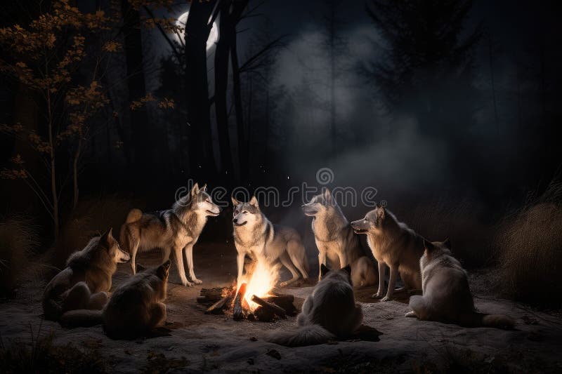 Wolves pack with moon stock image. Image of full, howling - 10652971