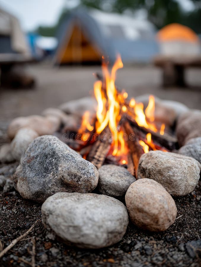 Campfire Surrounded by Rocks in a Campsite with Blurred Tents. Stock ...