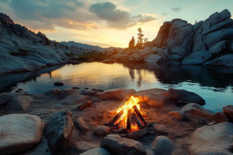 Campfire Surrounded by Rocks Near Lake Stock Illustration ...