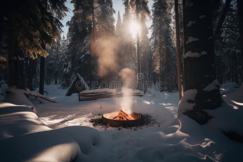 Campfire Surrounded by Shadows of Towering Trees, with Snowflakes ...