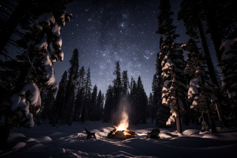 Campfire Surrounded by Silhouettes of Tall Pine Trees, with Snowflakes ...