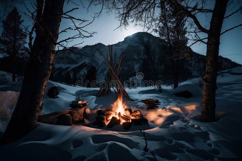 Campfire Surrounded by Silhouettes of Trees and Mountains in Snowy ...
