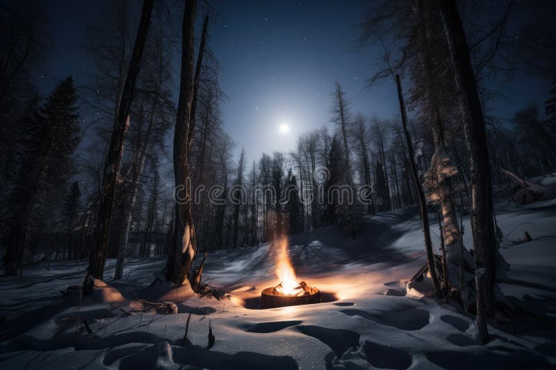 Campfire Surrounded by Snow-covered Trees, with the Moon Shining ...