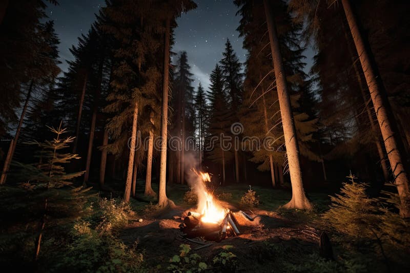 Campfire Surrounded by Spruce Forest at Night Stock Illustration ...
