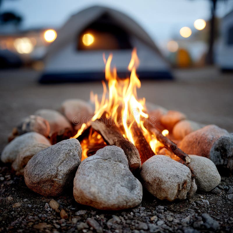 A Campfire Surrounded by Stones with a Tent in the Background. Stock ...