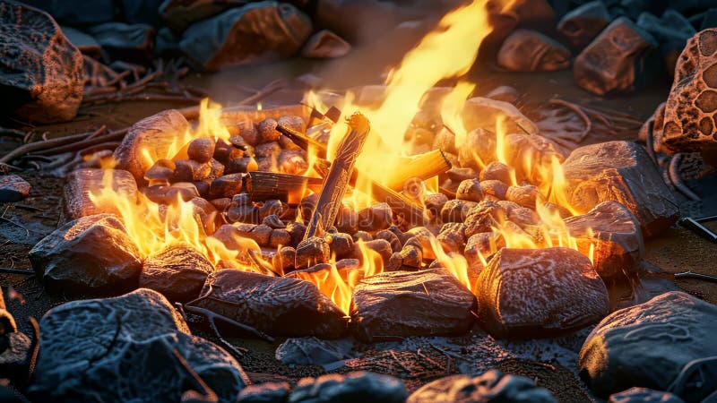 Campfire Surrounded by Stones, Warm Glow at Night. Outdoor Adventure ...