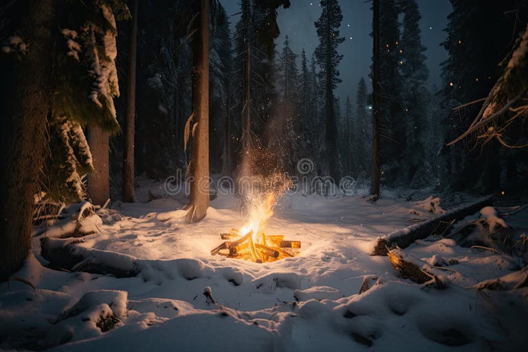 Campfire Surrounded by Towering Pine Trees, with Snowflakes Drifting Down Stock Illustration ...