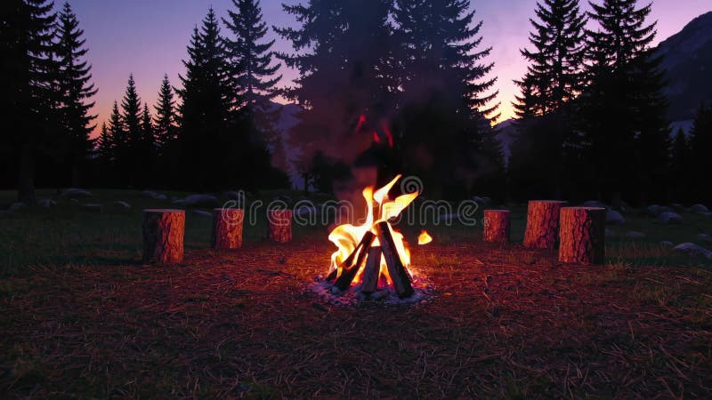 Campfire Surrounded by Tree Stumps in Forest at Sunset, Nature and ...