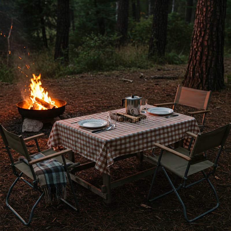 Campfire Table Setting stock illustration. Illustration of iron - 374506054