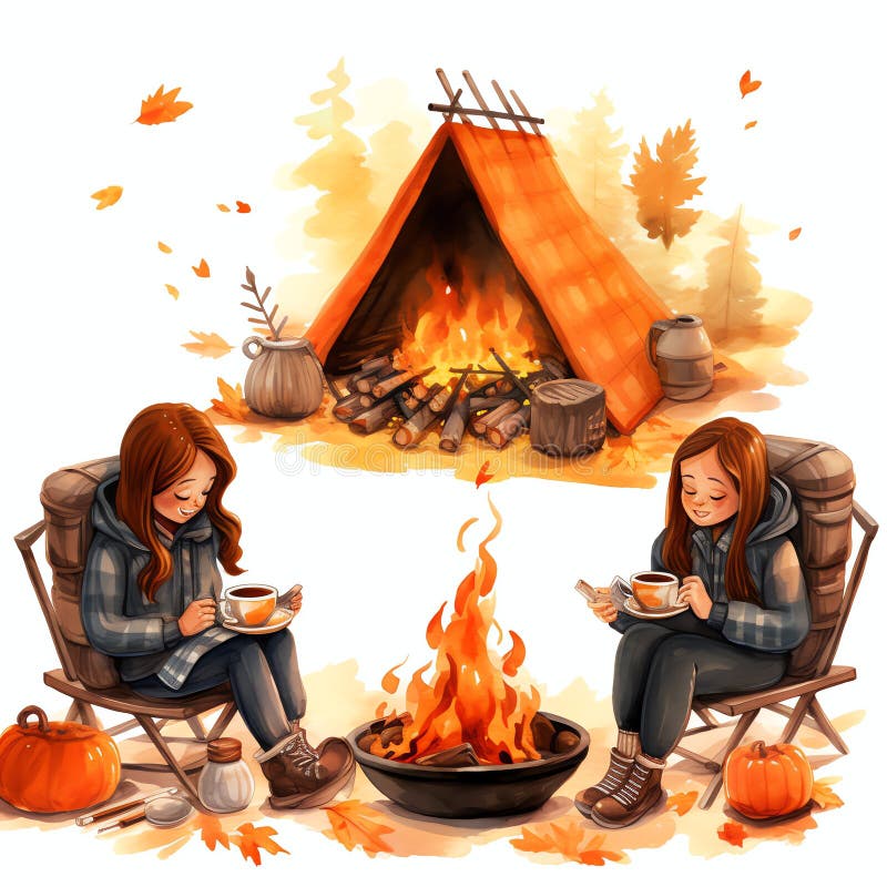 Campfire Talks Autumn Fall Watercolor Illustration Stock Illustration ...