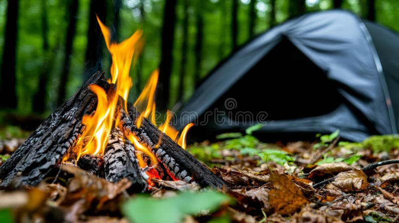 Campfire and Tent in Forest Setting with Lush Greenery Stock Image ...