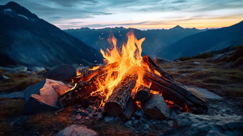 Campfire at the Top of the Mountain. Generative AI. Stock Illustration ...