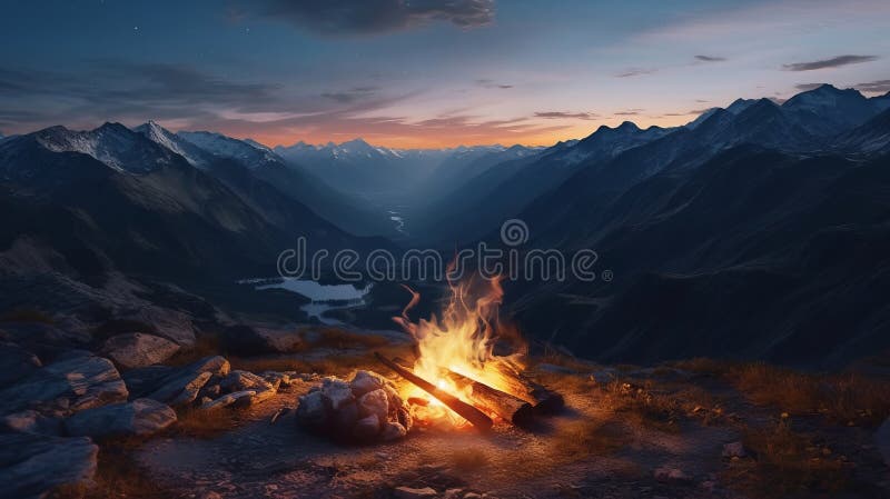 Campfire at the Top of the Mountain. Generative AI. Stock Illustration ...
