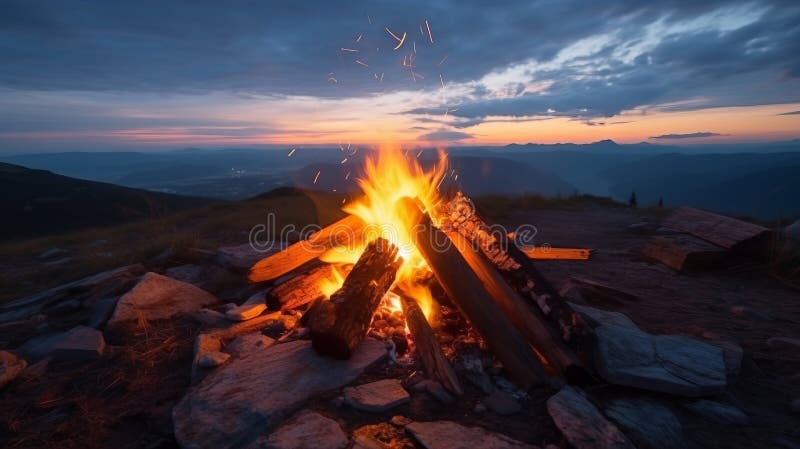 Campfire at the Top of the Mountain. Generative AI. Stock Illustration ...