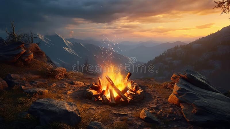 Campfire at the Top of the Mountain. Generative AI. Stock Illustration ...