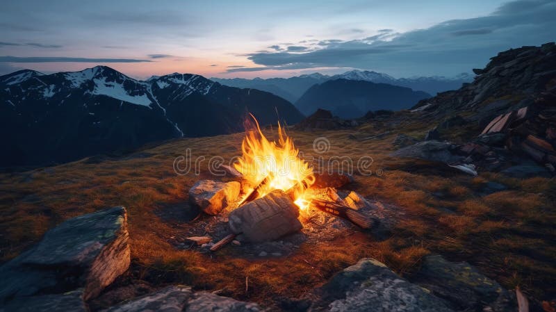 Campfire at the Top of the Mountain. Generative AI. Stock Illustration ...