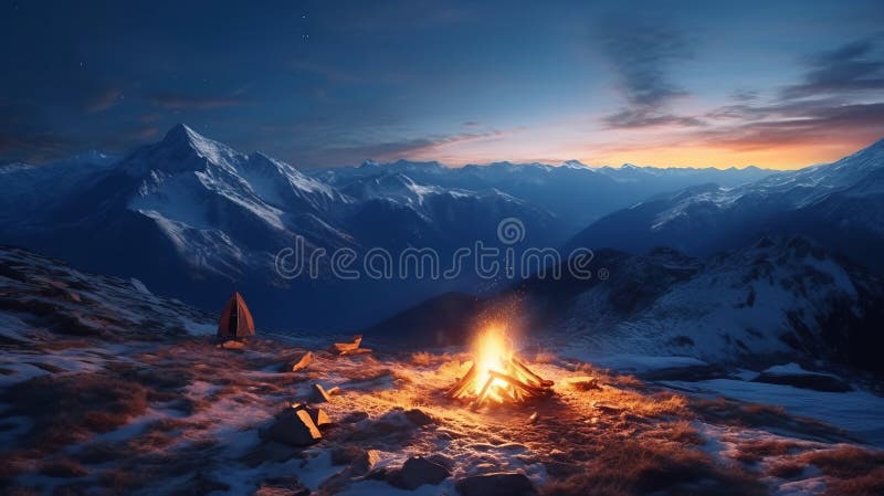 Campfire at the Top of the Mountain. Generative AI. Stock Illustration ...