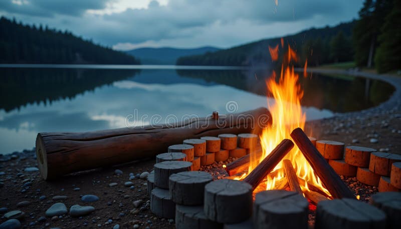 Campfire by a Tranquil Lake at Dusk Stock Image - Image of reflection ...