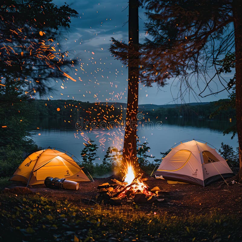 Campfire between Two Tents at Night by a Lake Stock Photo - Image of ...
