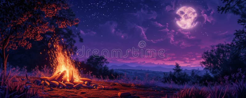 Campfire Under a Full Moon in a Forest Clearing at Twilight, Serene ...