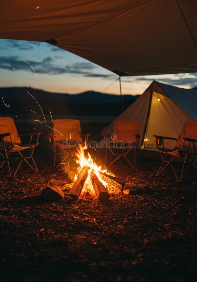 Campfire Under Illuminated Tent at Night Stock Photo - Image of ...