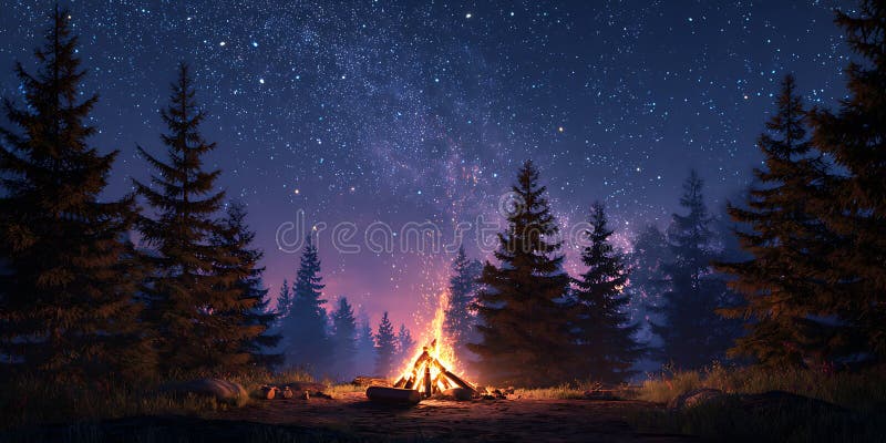 Campfire Under a Starlit Sky Night in the Woods Stock Illustration - Illustration of outdoor ...