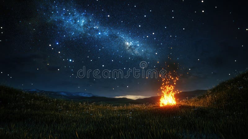 Campfire Under Starry Night Sky Stock Photo - Image of field, travel ...