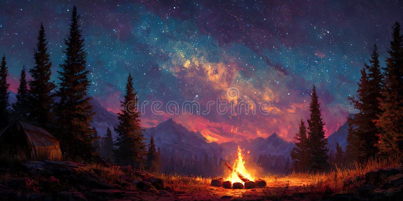 Campfire Under a Starry Night Sky Majestic Mountain Landscape Art Stock Illustration ...
