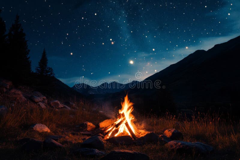 Campfire Under a Starry Night Sky with Mountains in the Distance Stock ...