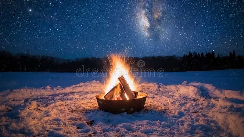Campfire Under a Starry Night Sky in a Snowy Landscape Stock Image ...
