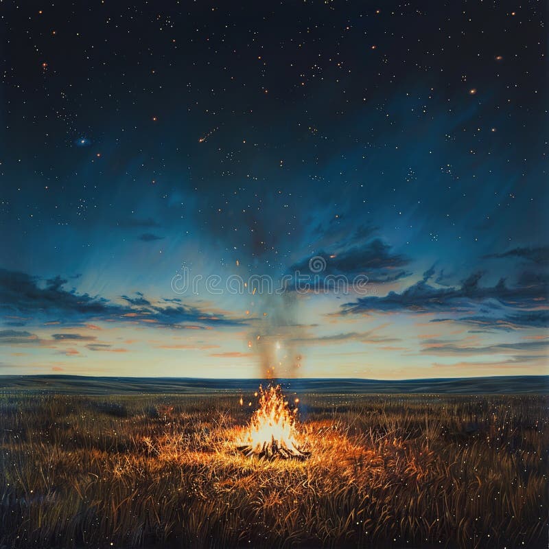 Campfire Under a Starry Night Sky, Vast Prairie Landscape Stock ...