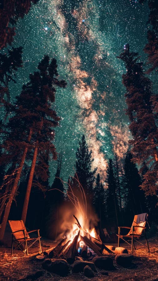 Campfire Under Starry Sky in Forest, Adventure and Stargazing Concept ...